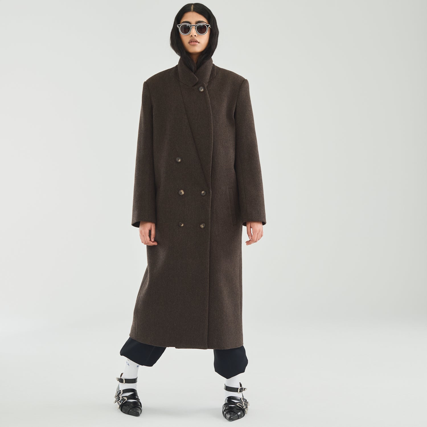 Wool Double Breasted Overcoat Brown Heather